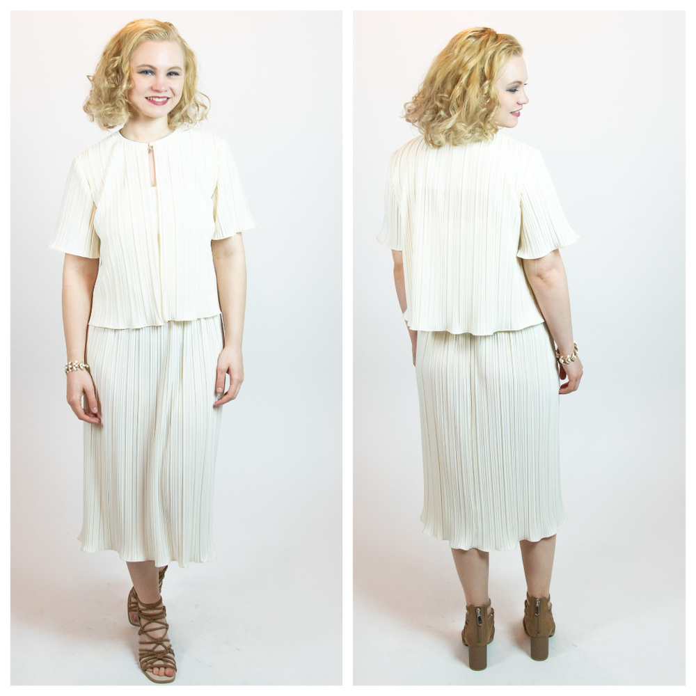 1970s Accordion Pleat Cream Dress & Bolero Set - Gem